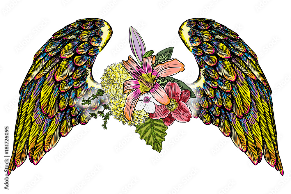 Beautiful illustration with lily, roses and chamomiles flowers and ...