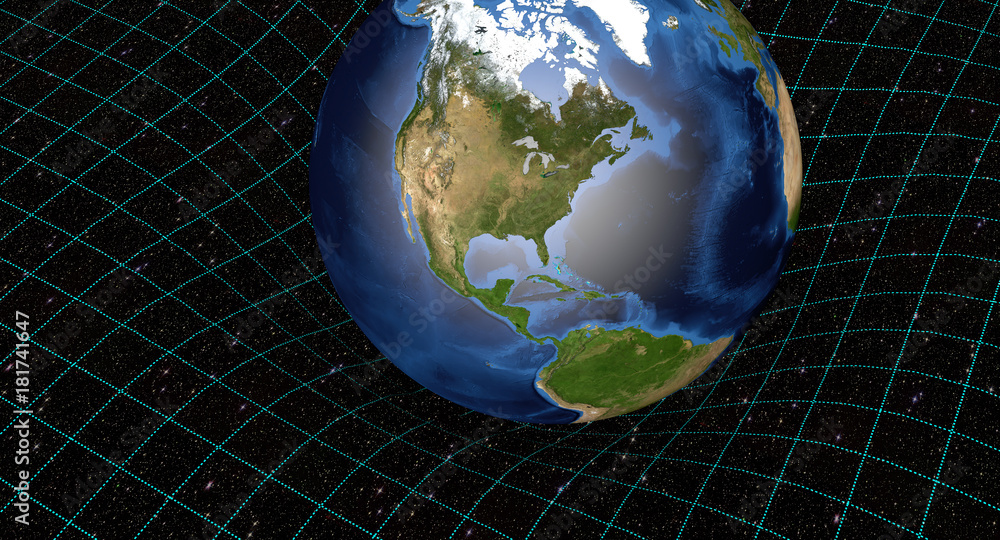 Detailed view of Earth from space, in a gravity field, showing North ...