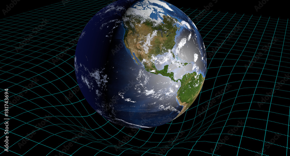 Detailed view of Earth from space, in a gravity field, showing North ...