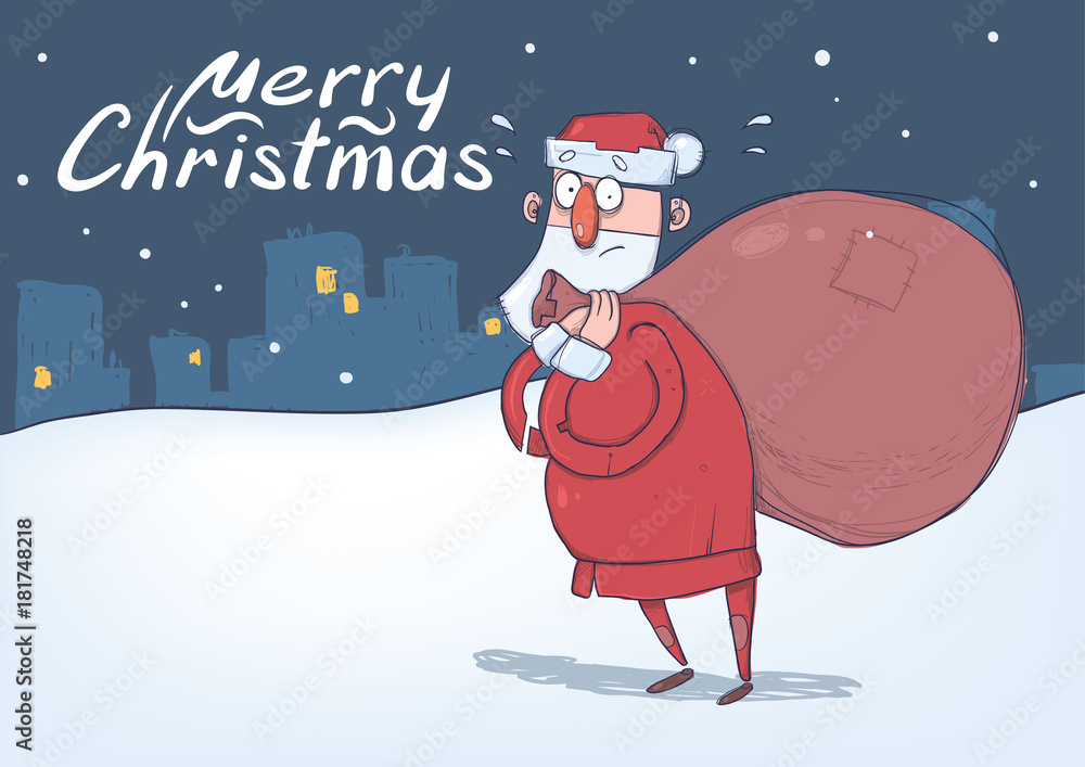 Christmas card of funny confused Santa Claus with big bag on snowy ...