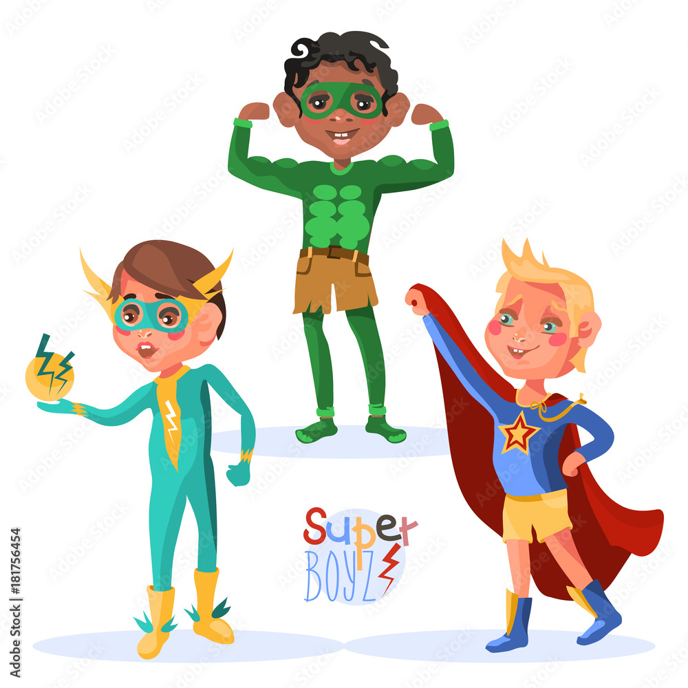 Set of cute, cartoon superhero (super) boys characters. Boy in green ...