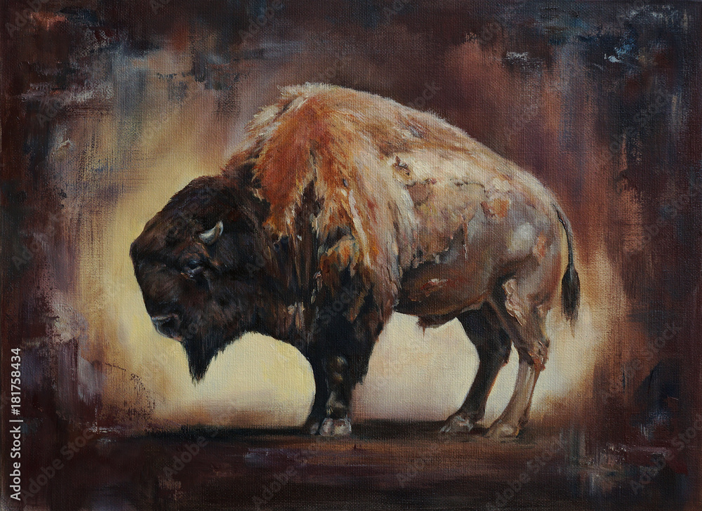 standing side view bison oil painting with canvas and paint texture ...