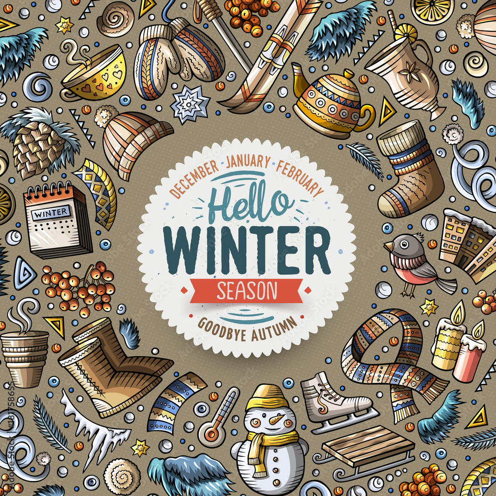 Cartoon vector doodles Winter objects frame card design Stock Vector ...