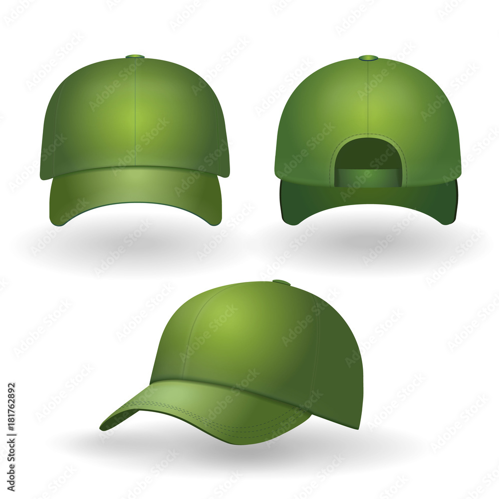 Green baseball cap realistic set. Front side view isolated Vector Stock ...