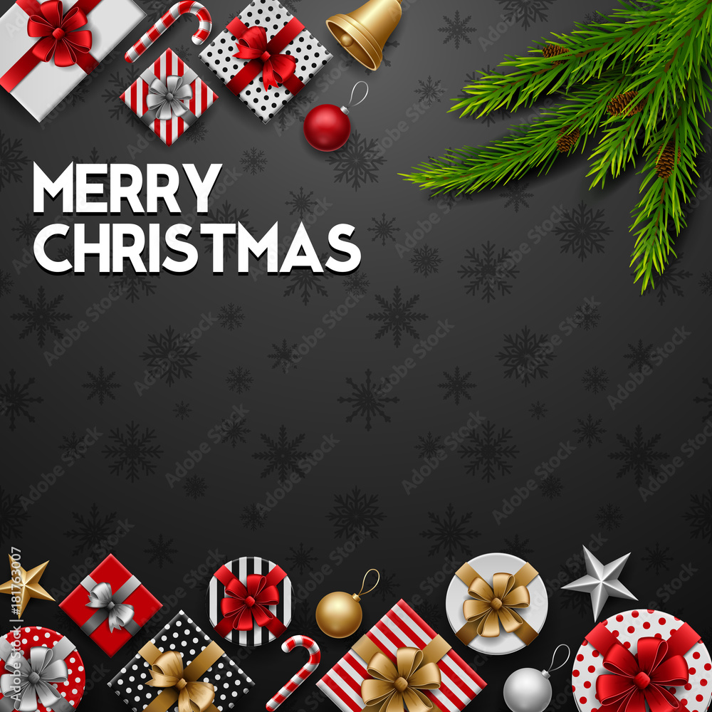 Christmas black background with gift boxes and fir branches Stock ...