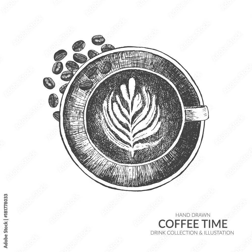 Coffee Cup And Beans Coffee Break In Morning Time Vintage Hand Drawn coffee-cup-and-beans-coffee-break-in-morning-time-vintage-hand-drawn