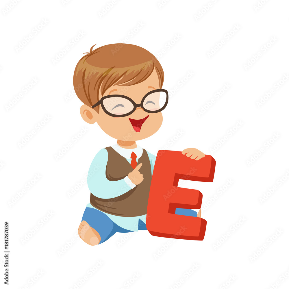 Toddler boy doing speech game exercises on letter E. Learning through ...