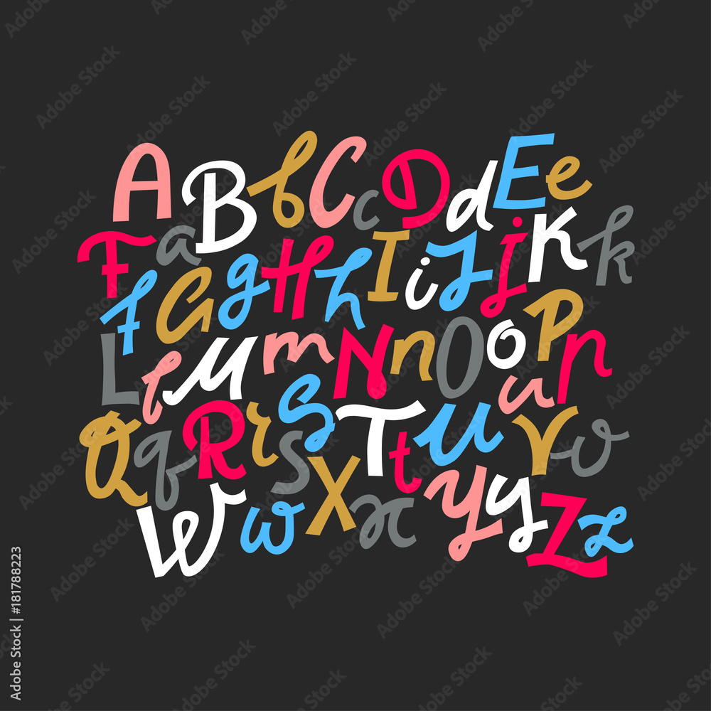 Vector set of uppercase and lowercase colored handwritten letters on a ...