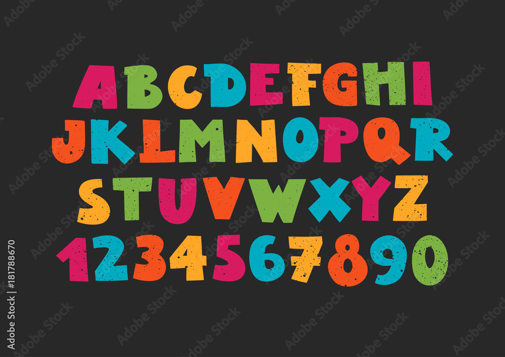 Vector uppercase colorful modern alphabet with numbers. Funny font on ...