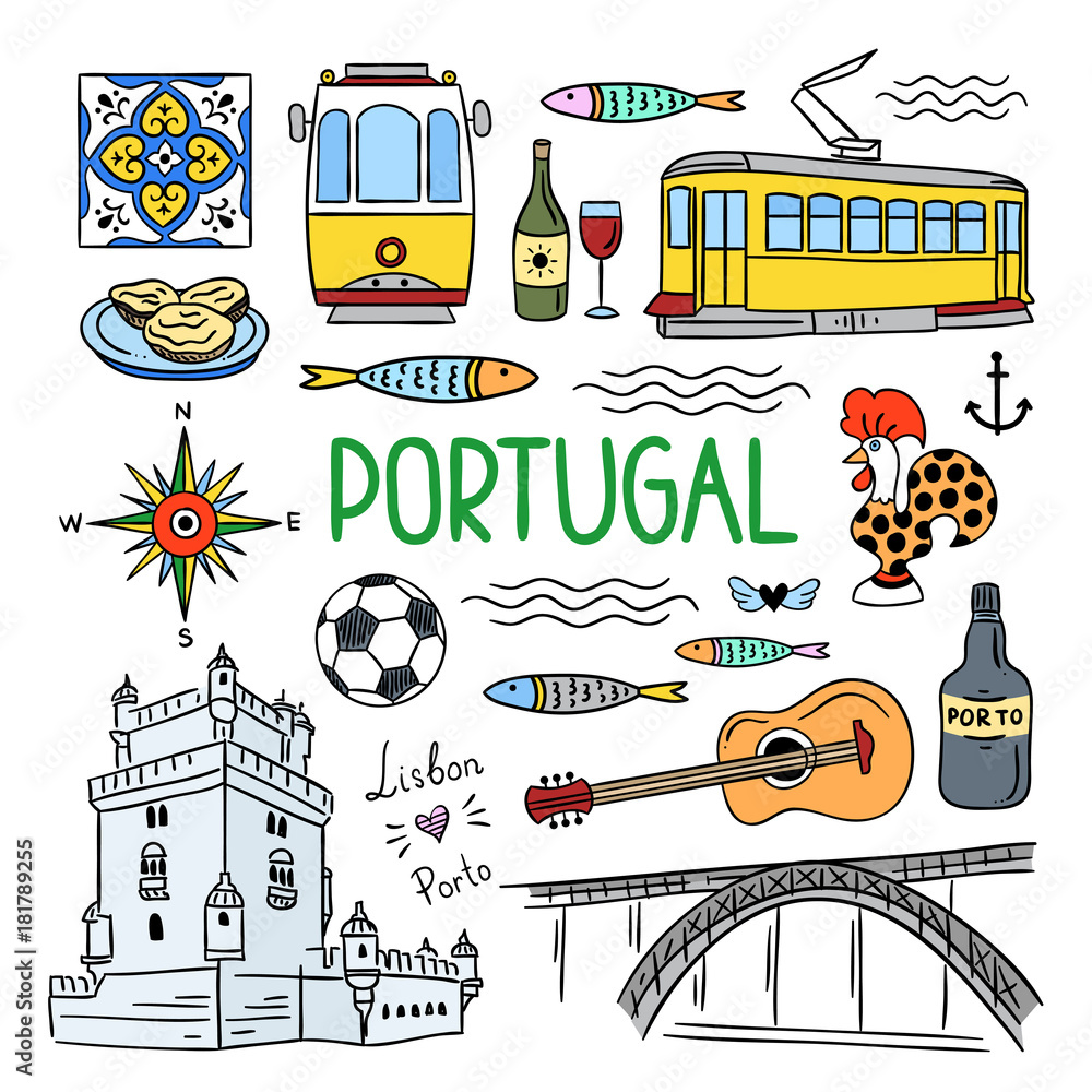 Portugal hand drawn symbols. Visit Lisbon, Porto, Portugal concept ...