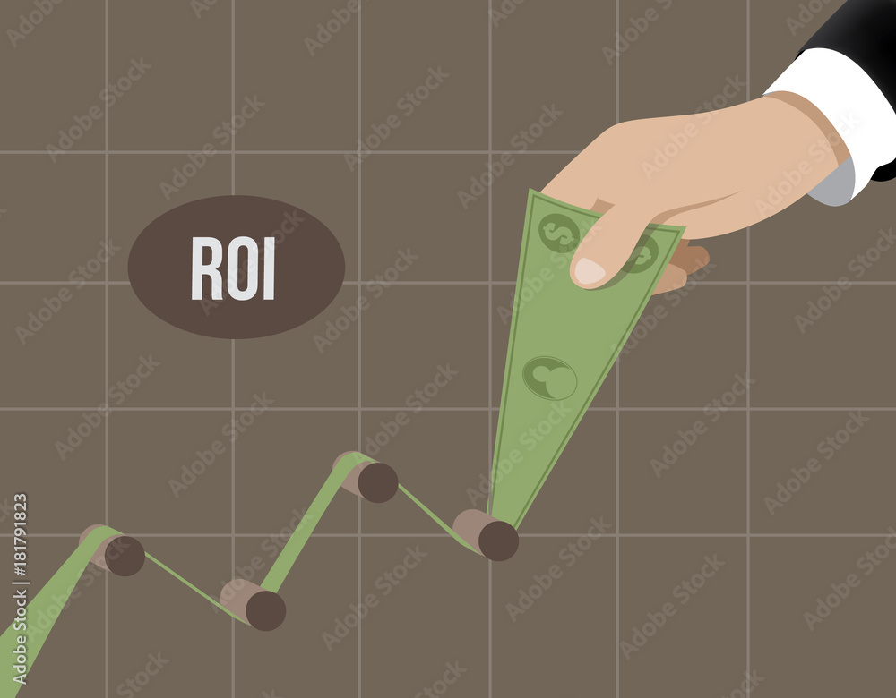 ROI loading text with hand of businessman pulling money upwards on a ...