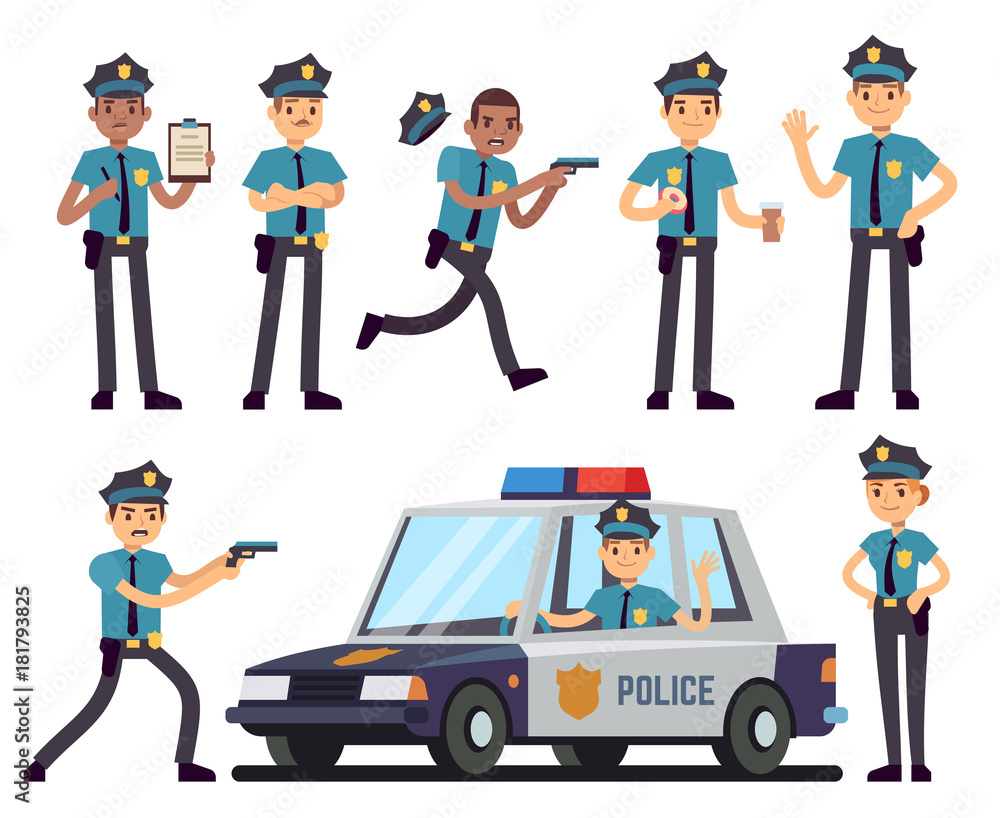 Cartoon policewoman and policeman characters in police uniform vector ...