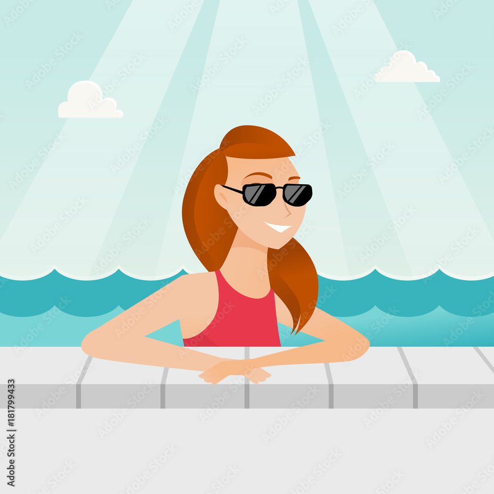 Cheerful caucasian white woman relaxing in the swimming pool at resort ...