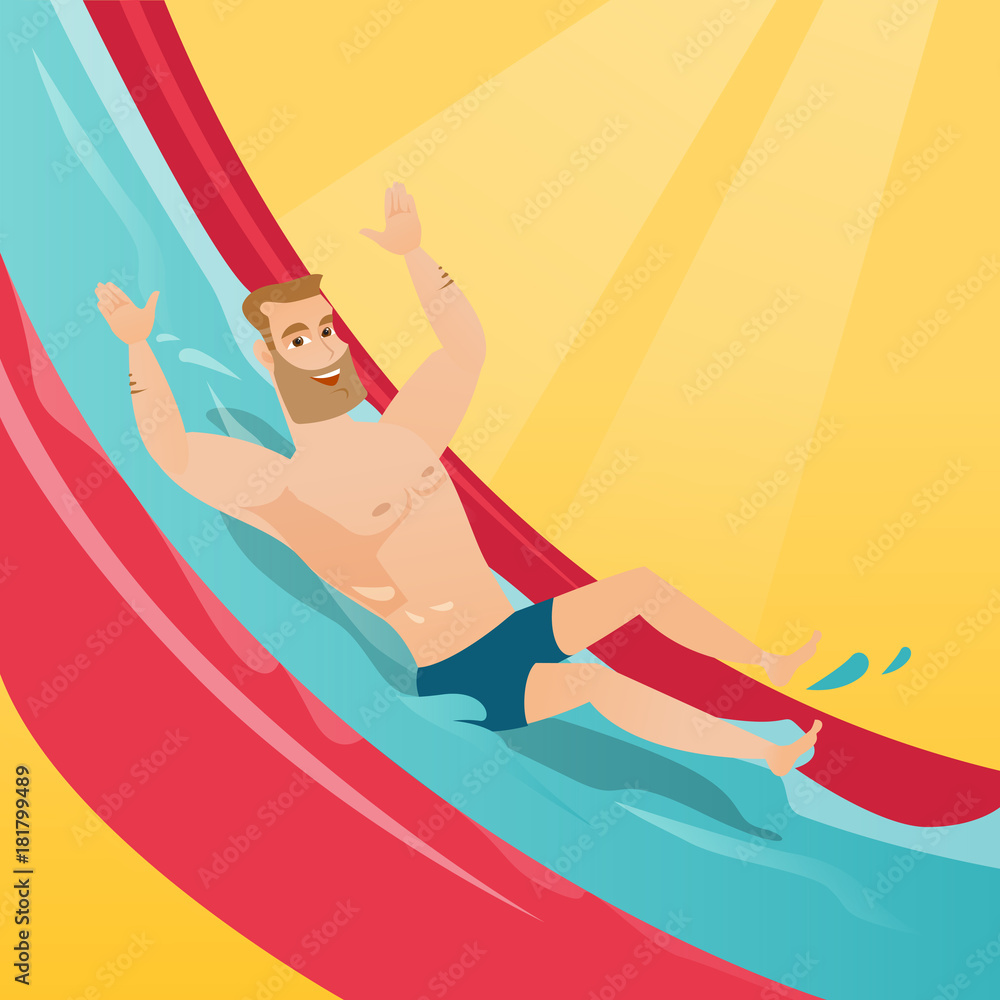Young caucasian white man riding down a waterslide in aquapark. Happy ...