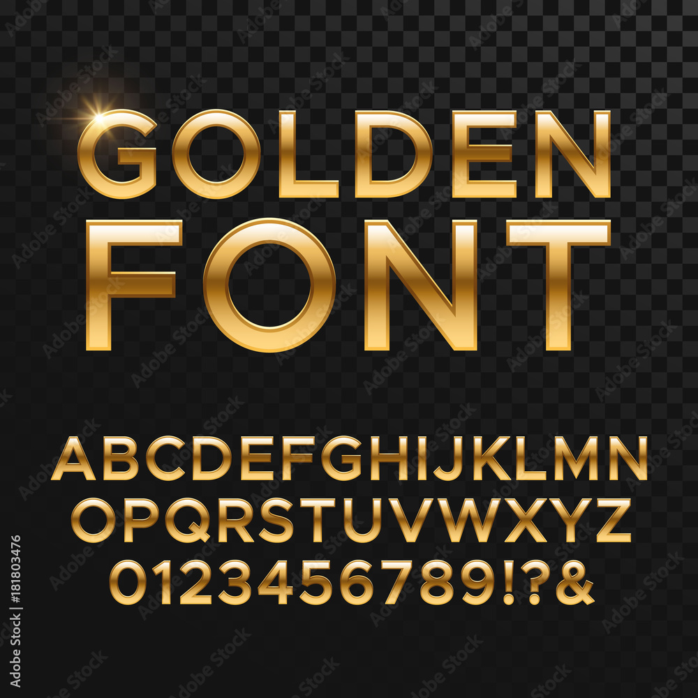 Golden glossy vector font or gold alphabet. Yellow metal typeface Stock ...