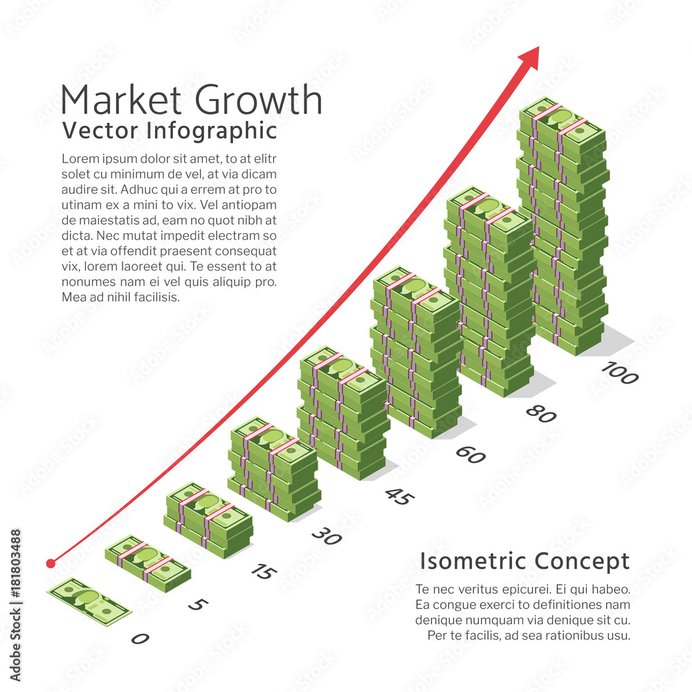 Market growth vector background with chart and dollar currency bills ...