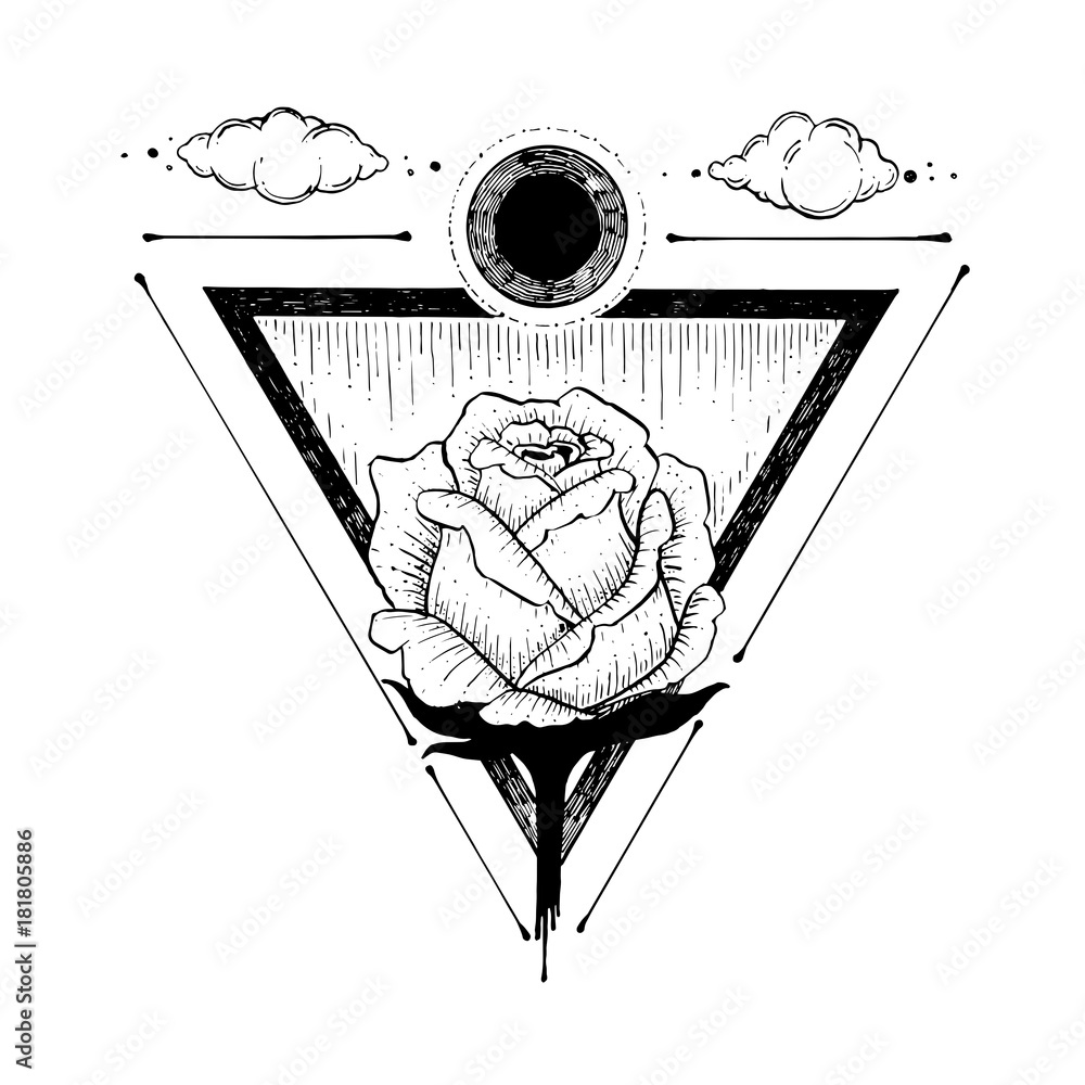 sketch of a beautiful rose flower and triangle on a white background ...