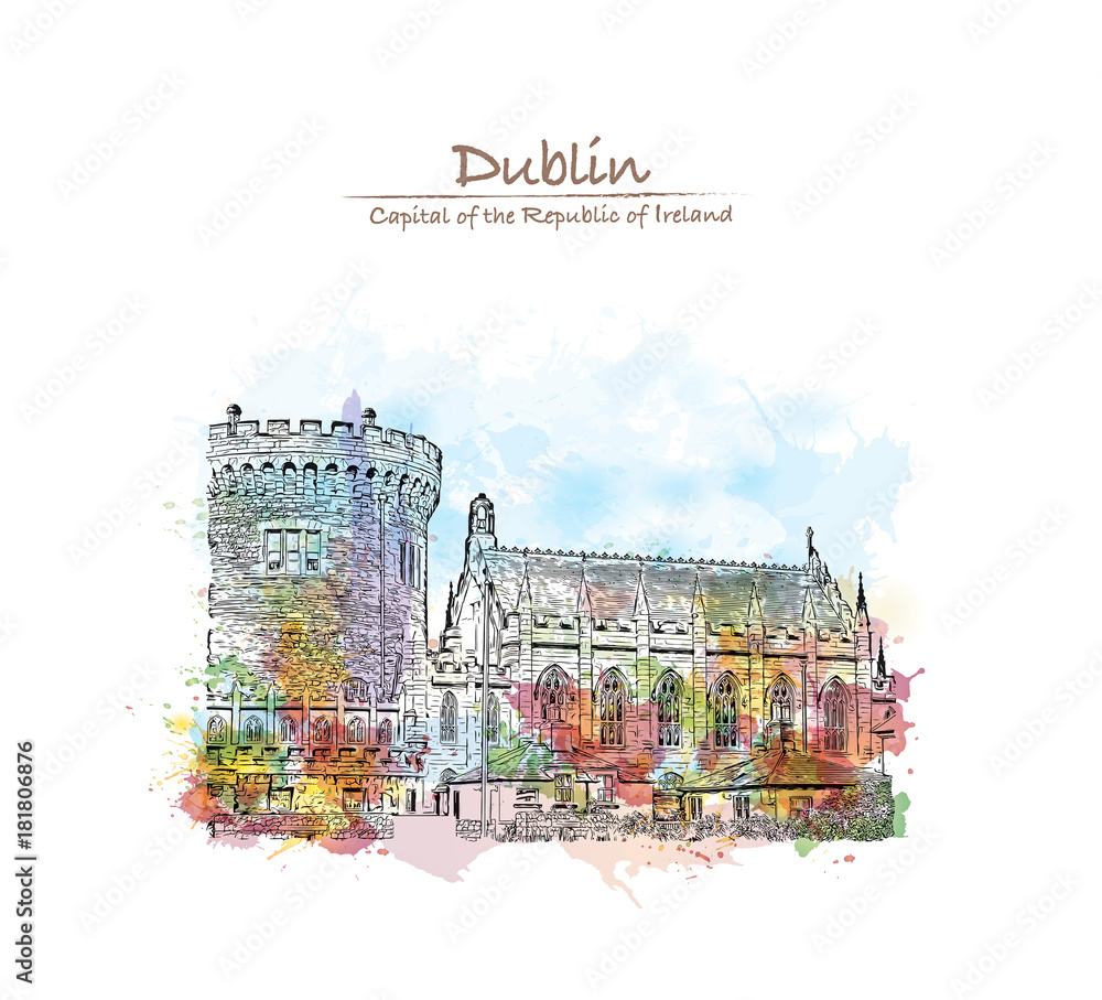 Watercolor splash with sketch of Dublin Castle off Dame Street, Dublin ...