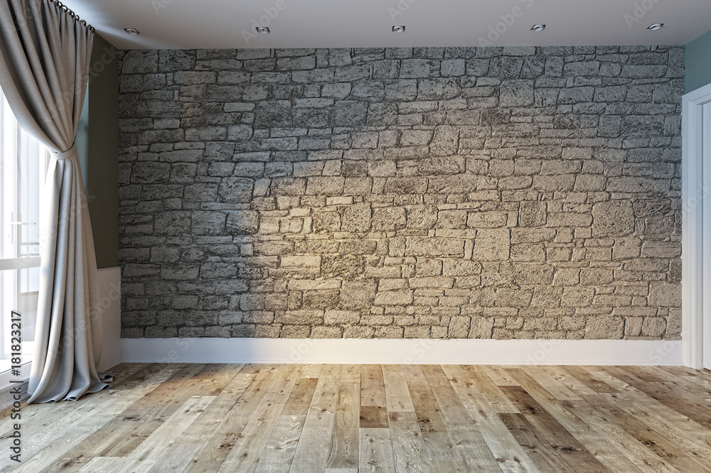 empty room interior stone wall and wood floor. 3D rendering Stock ...