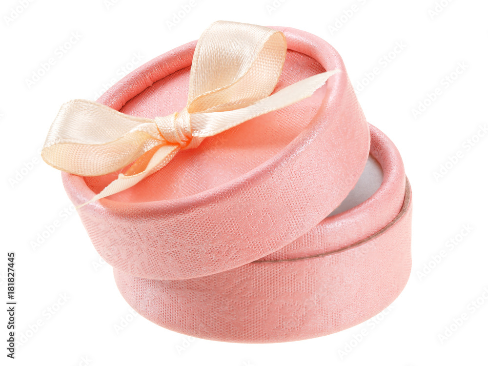 Pink round box for ring isolated on white background. Stock Photo ...