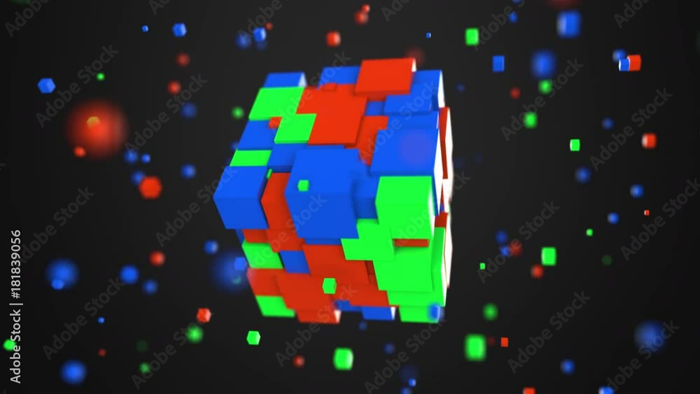 Multiple red, green and blue cubes rotating. RGB color model or 3D ...