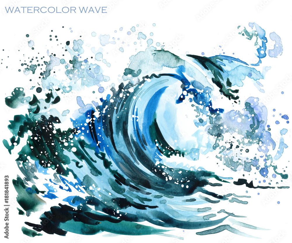 watercolor illustration big blue wave Stock Photo | Adobe Stock