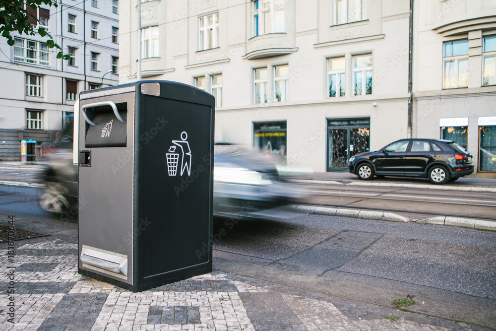 A modern smart trash can on the street in Prague in the Czech Republic ...