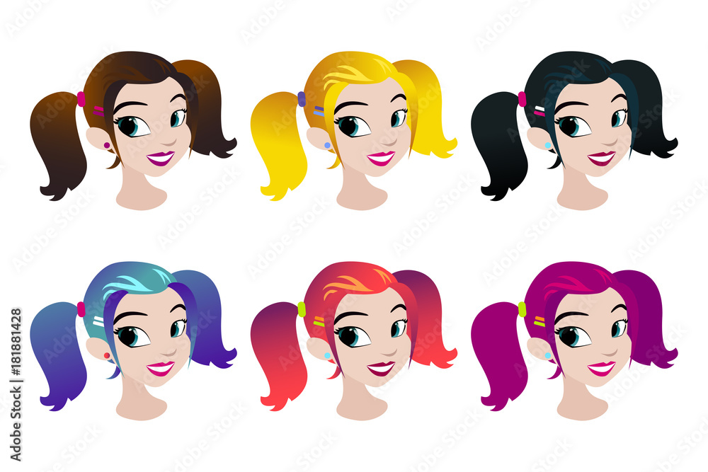 Teenager vectors girls head with different color hair. Character ...