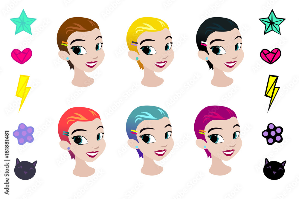Teenager vectors girls head with different color hair. Character ...