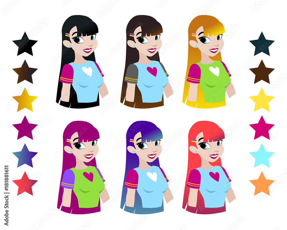 Teenager vectors girls head with different color hair. Character ...