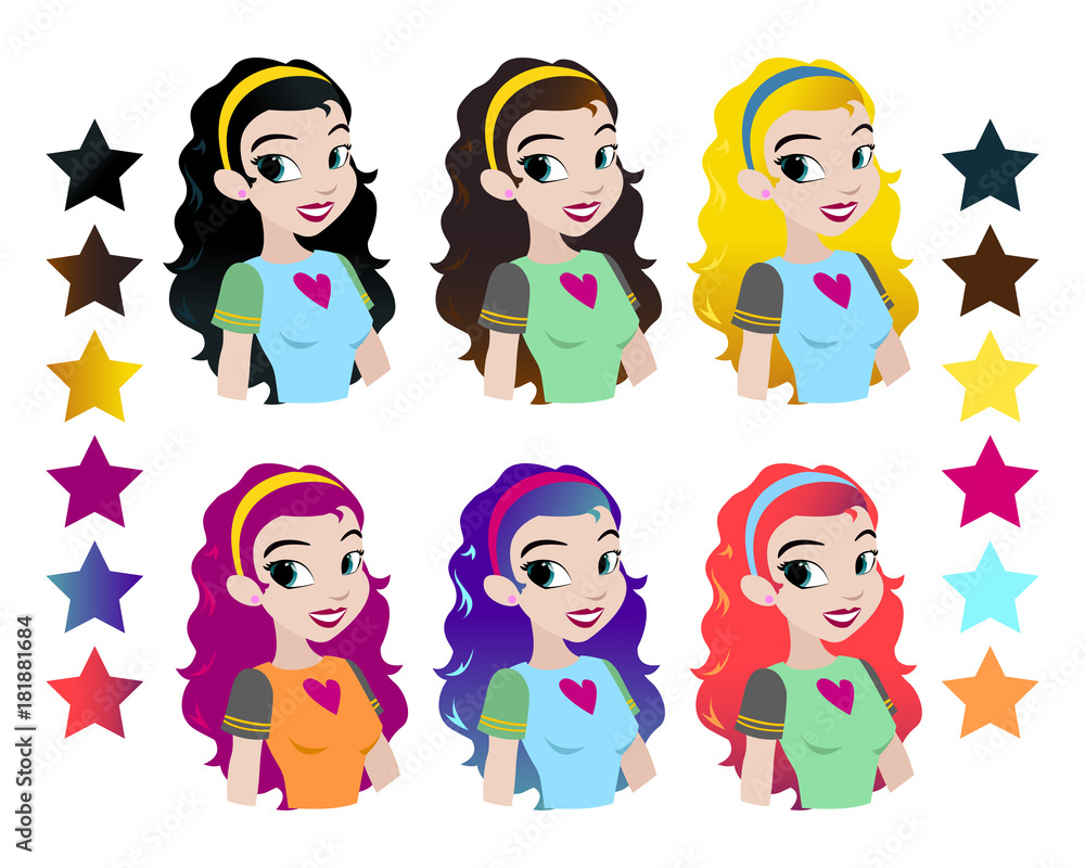 Teenager vectors girls head with different color hair. Character ...