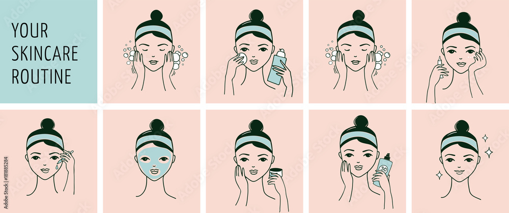 Skin care routine, woman face with a different facial procedures banner ...