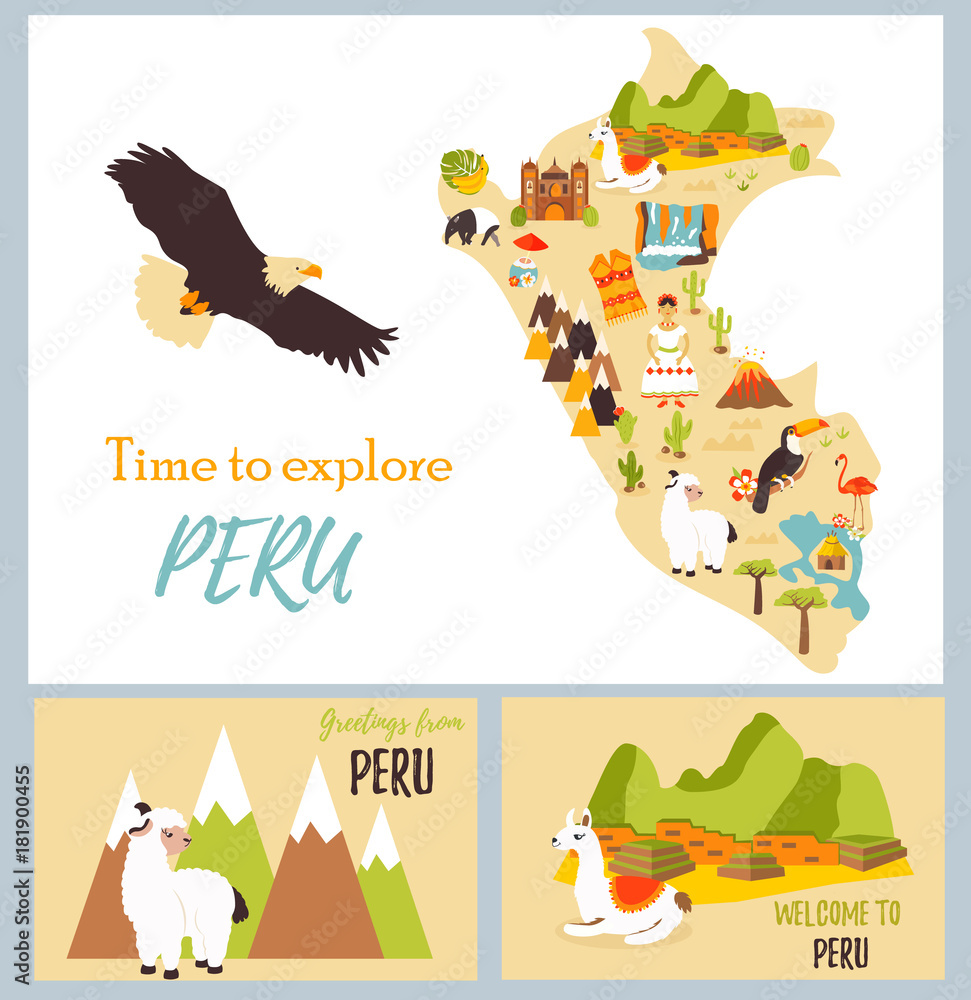 Set of tourist cards of Peru with landmarks. Stock Vector | Adobe Stock