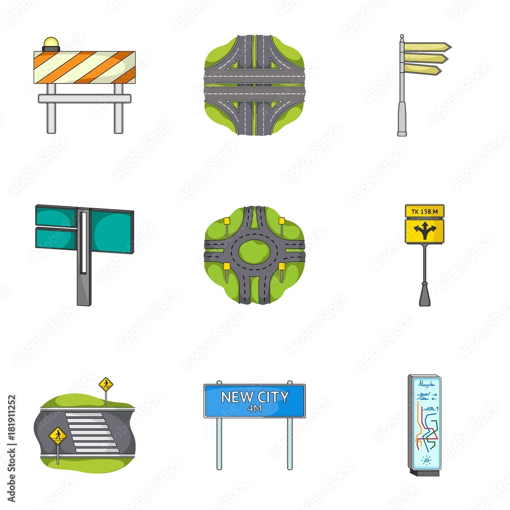 Road junctions and signs and other web icon in cartoon style.Guides and ...