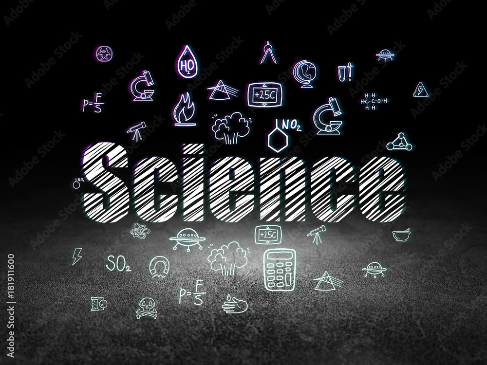 Science concept: Glowing text Science, Hand Drawn Science Icons in ...