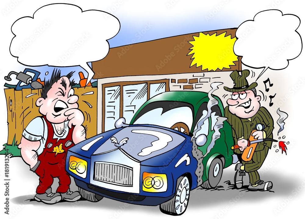 Cartoon illustration of a seller and a buyer looking at an older car ...