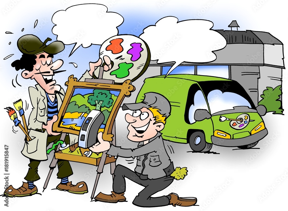 Cartoon illustration of A nature painter gets good color tips by an ...