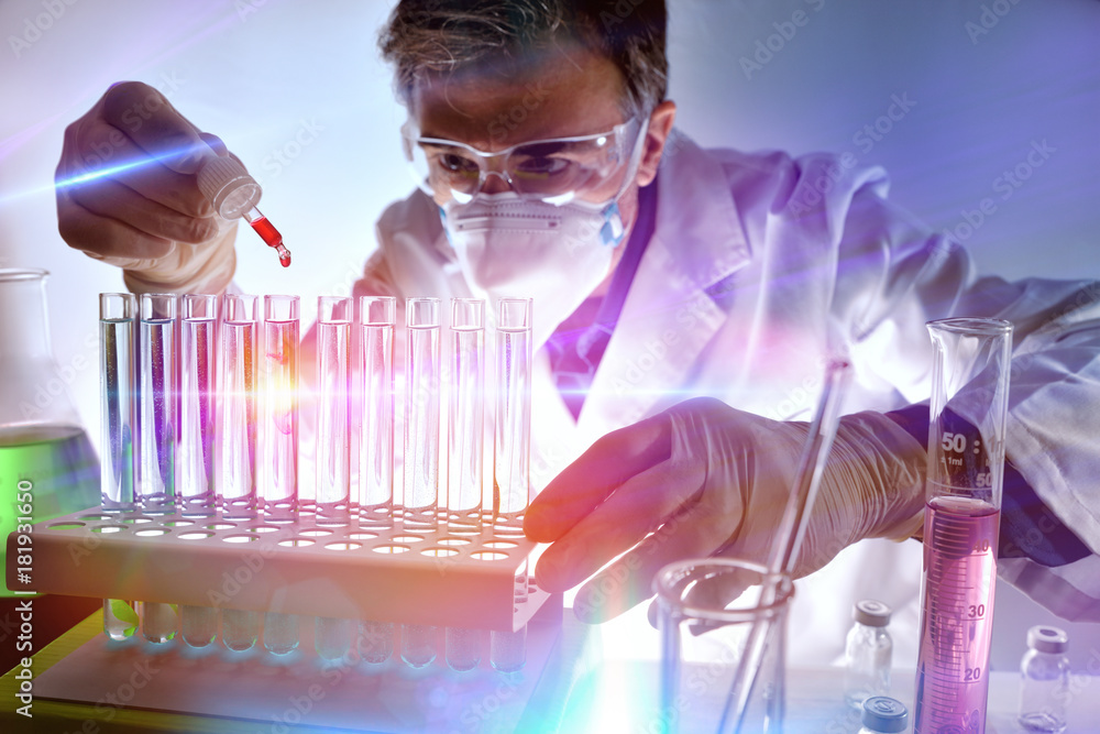 Chemical analyzing different substances in the laboratory with light ...