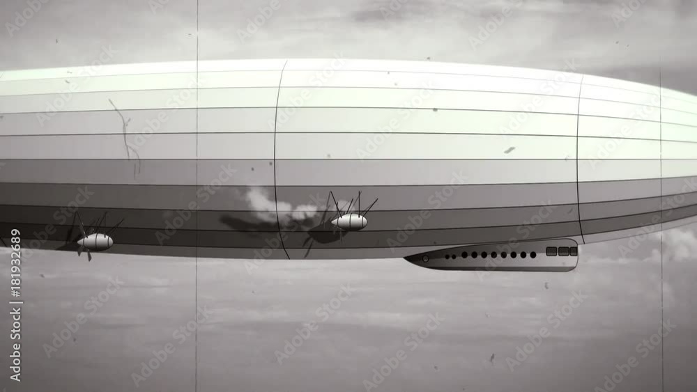 Legendary huge zeppelin airship on sky with clouds. Black and white ...