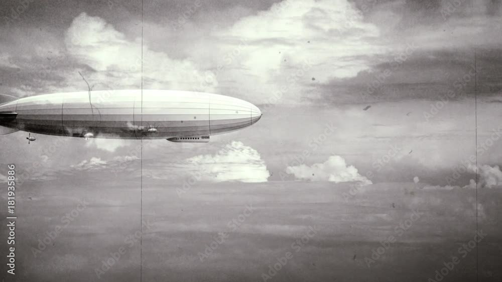 Legendary huge zeppelin airship on sky with clouds. Black and white ...