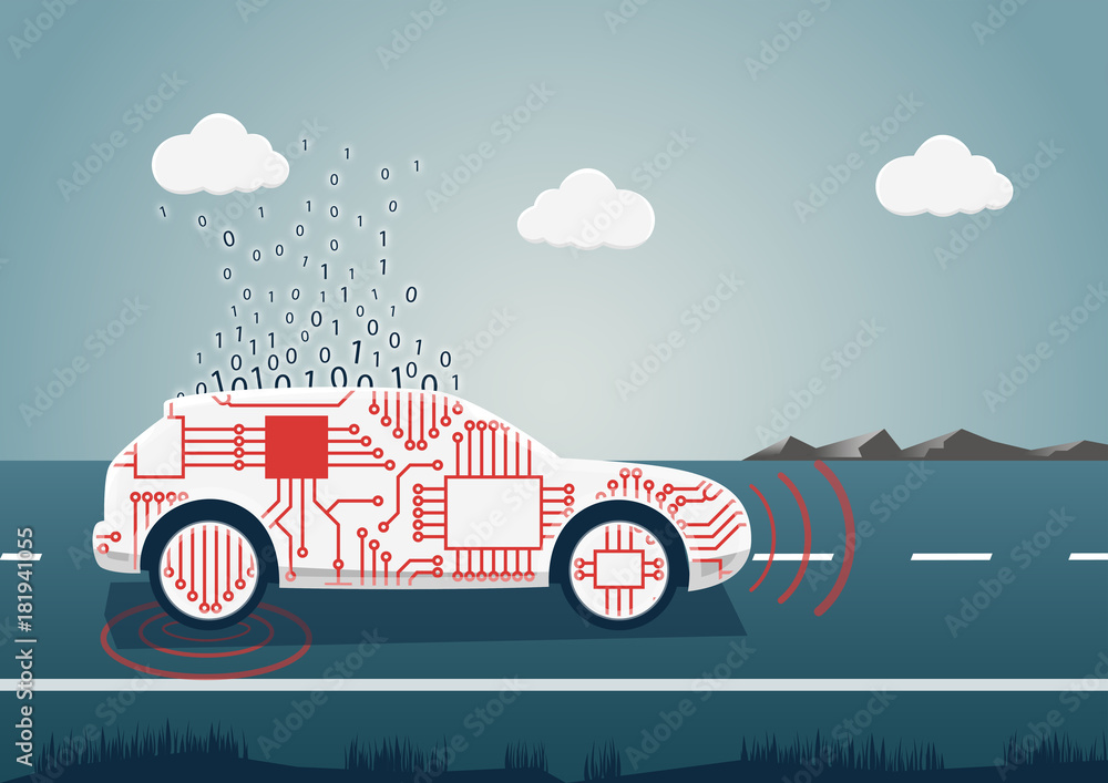Smart connected car vector illustration. Car icon with sensors and big ...