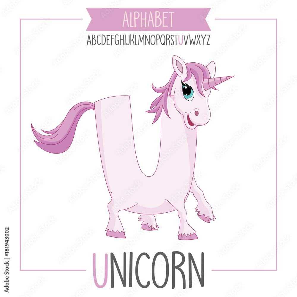 Illustrated Alphabet Letter U and Unicorn Stock Vector | Adobe Stock