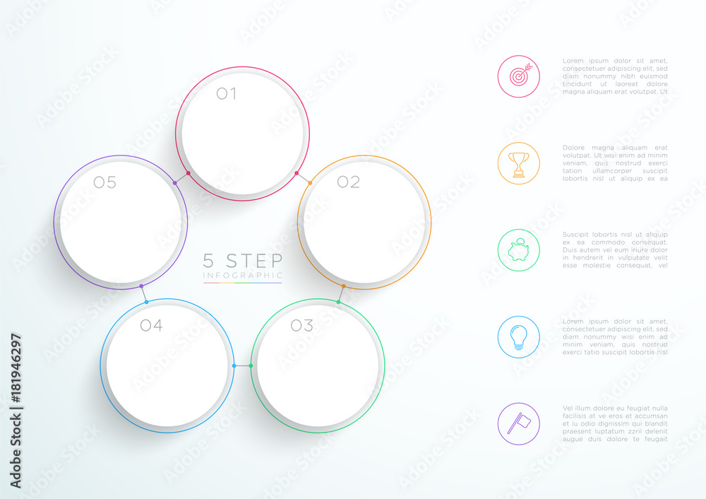 Infographic Simple White 5 Step Connected Circles Stock Vector | Adobe ...