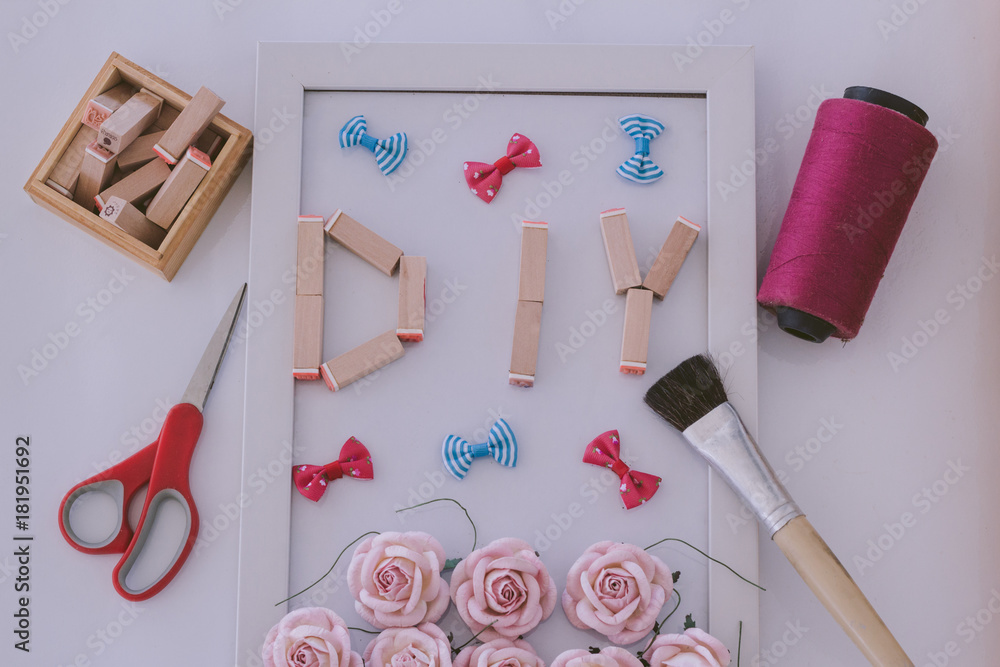 Flat lay hand craft Materials with DIY wooden wording Stock Photo ...