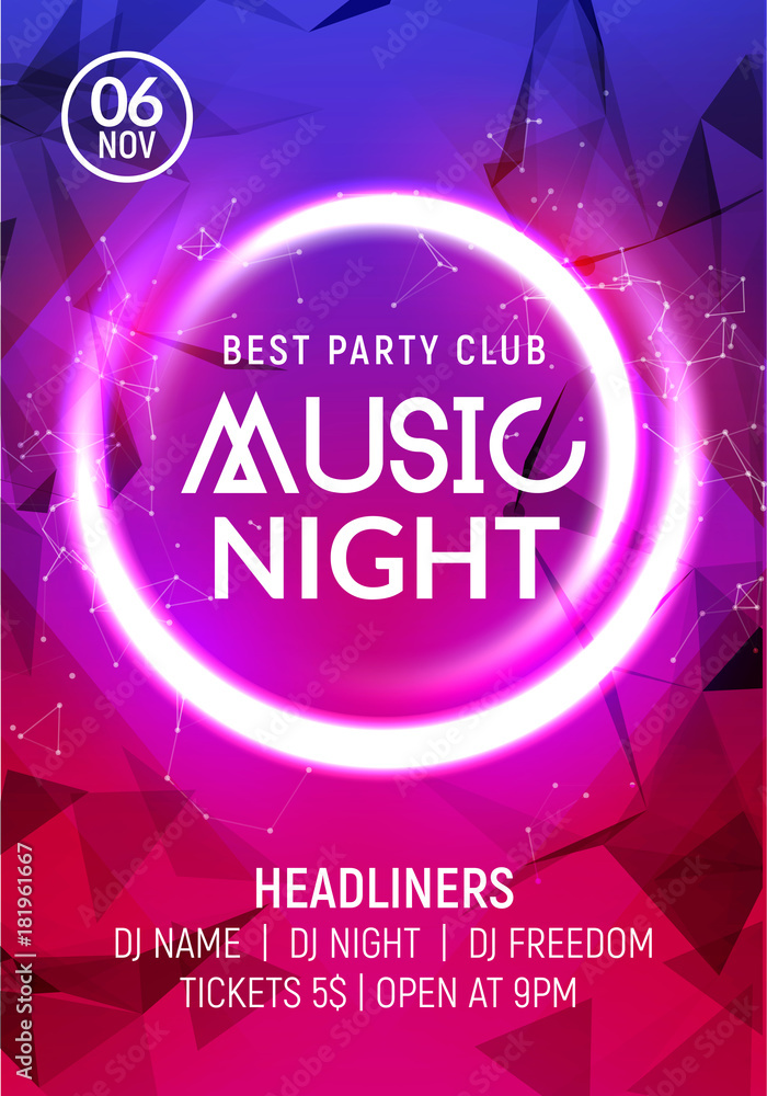 Night dance party music night poster template. Electro style concert ...