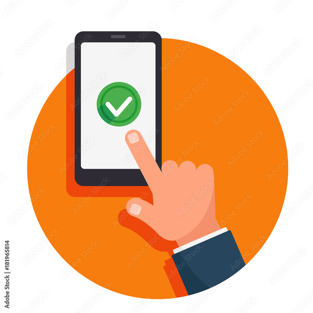 Green round acceptance check button on smartphone. App registration or ...