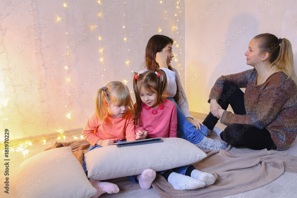 Older women and baby girls four communicate and busy with own af Stock ...