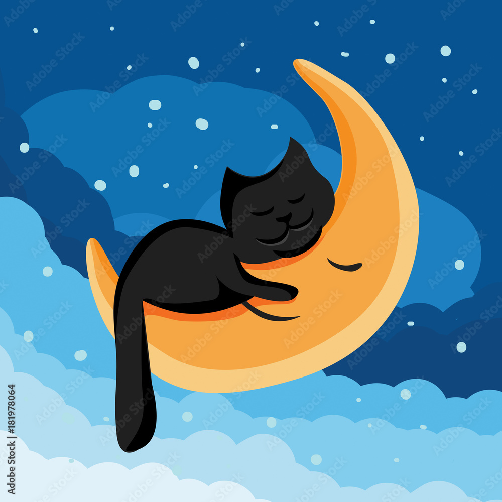 Vector cartoon illustration of a black sleeping cat holding the Moon in ...