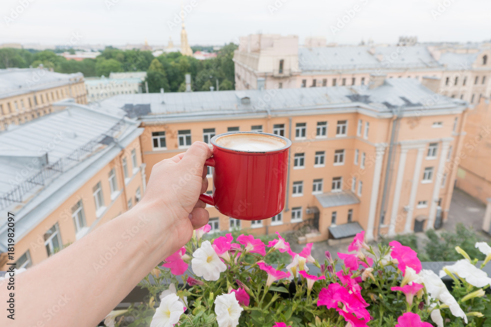 Man drinking coffee on balcony outdoor Stock Photo | Adobe Stock