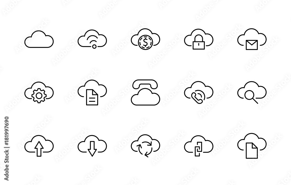 Set of cloud vector line icon. It contains symbols to upload, download ...